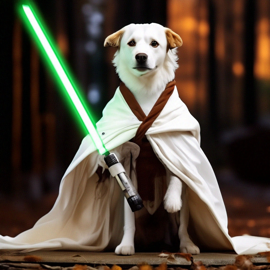 "Jedi or Sith?😶‍🌫️ a white-brown dog…" — image created in Shedevrum