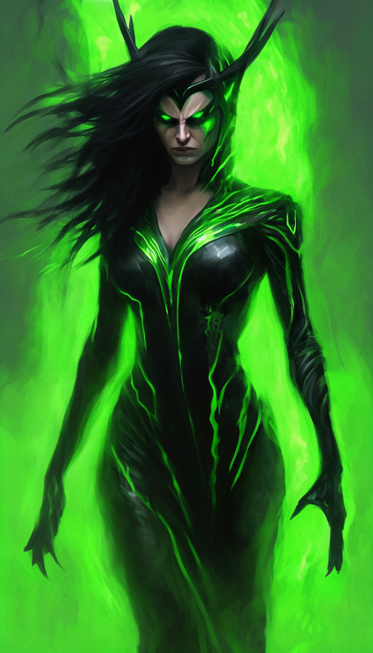 "Hela coming out of the green fire, …" — image created in Shedevrum