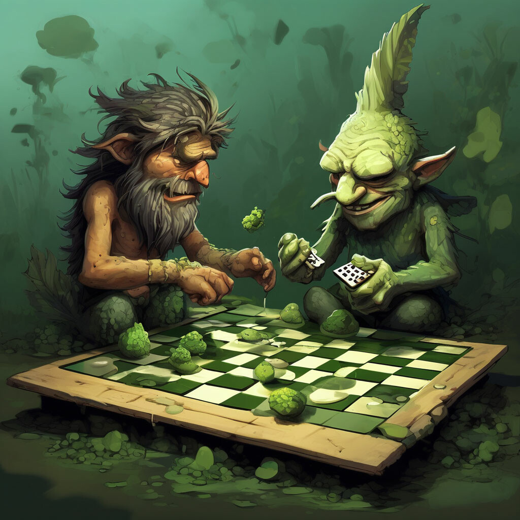 "Cartoon merman in mud and a goblin overgrown with moss playing ...