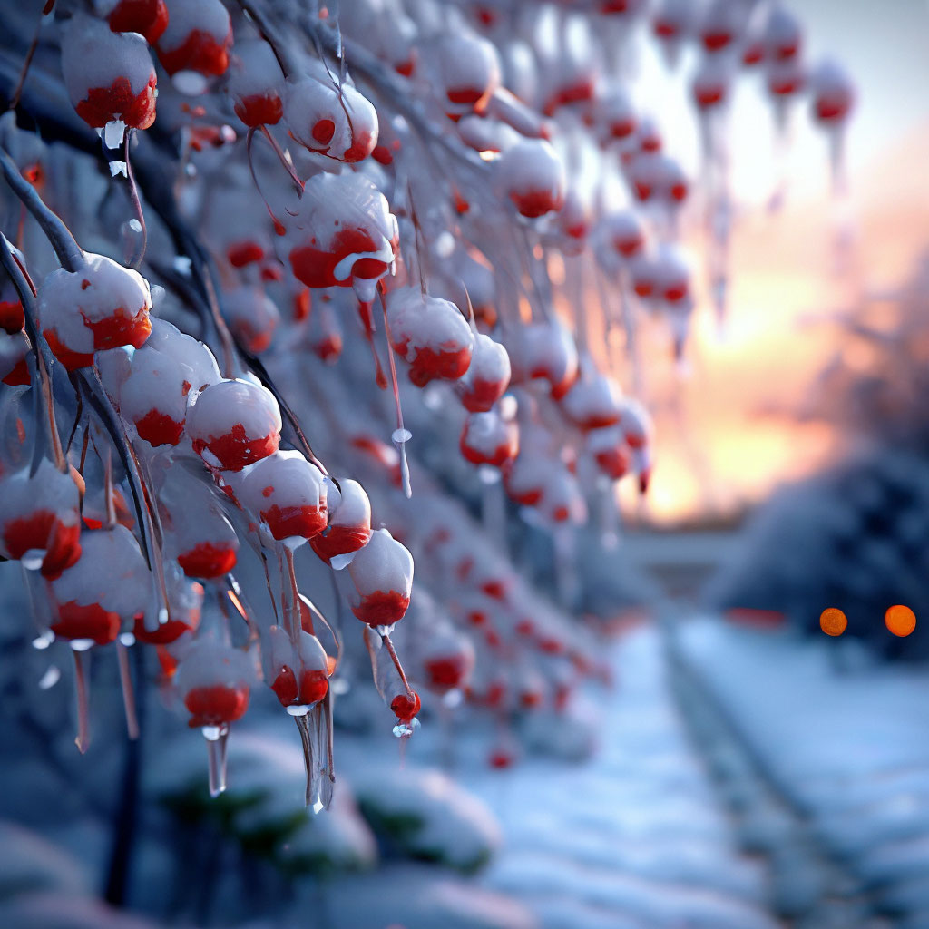 "Atmospheric, realistic, evening, alley, winter, snow, bush branches ...