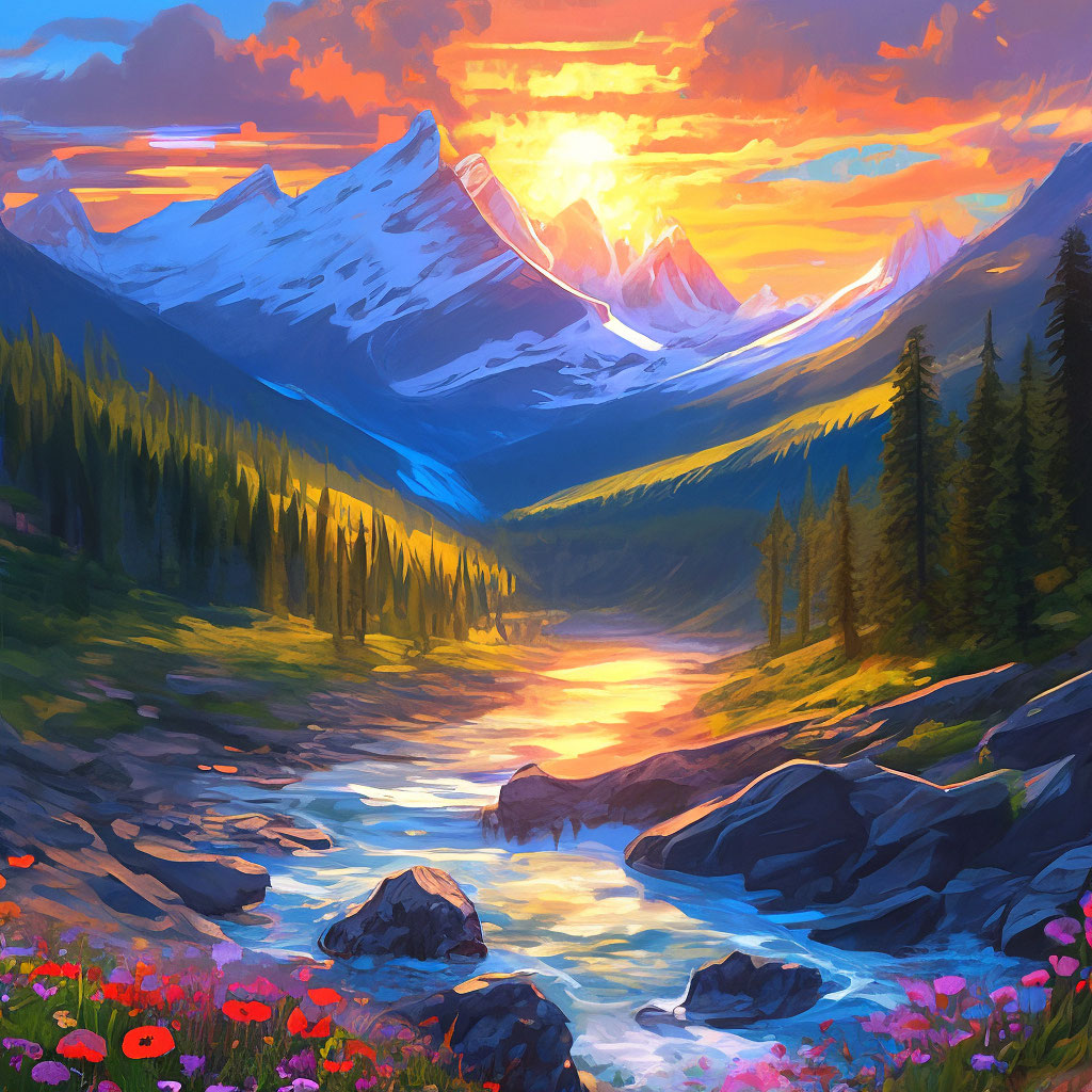 "Mountains in the foreground, azure river, taiga, sunset, sun, flowers ...