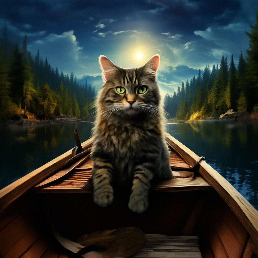 "🌚🌚🌚 wild forest cat on a fishing trip, sitting in a boat, night map ...