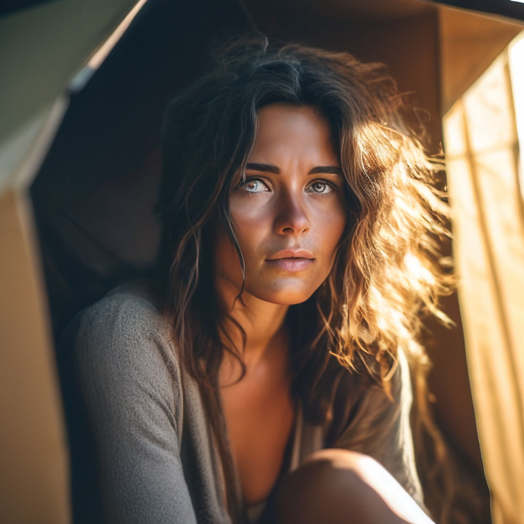 "A woman with disheveled hair is sitting under a cardboard hut, dirty ...