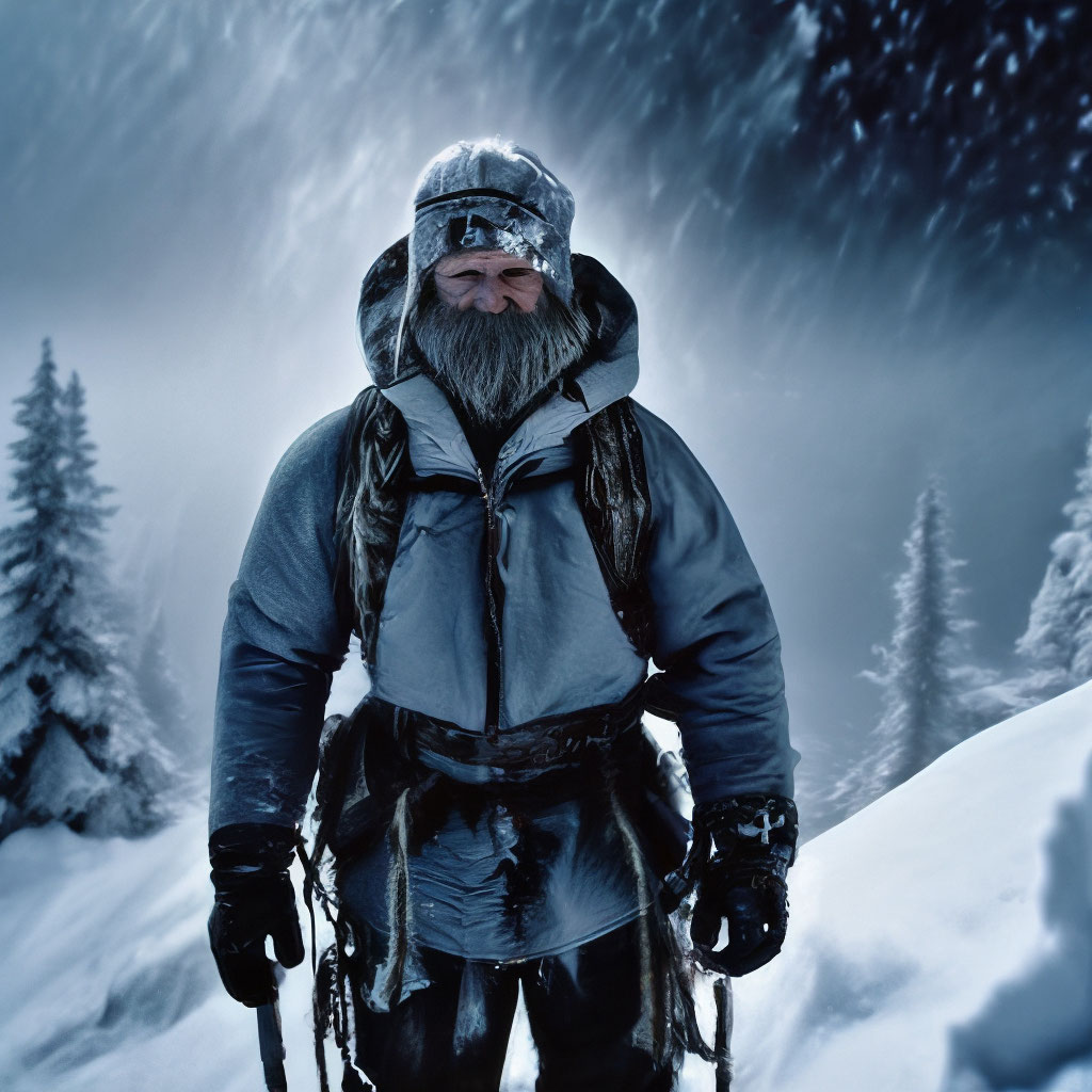 "Climber freezes on top of a mountain, strong wind, snow drifts, forest ...