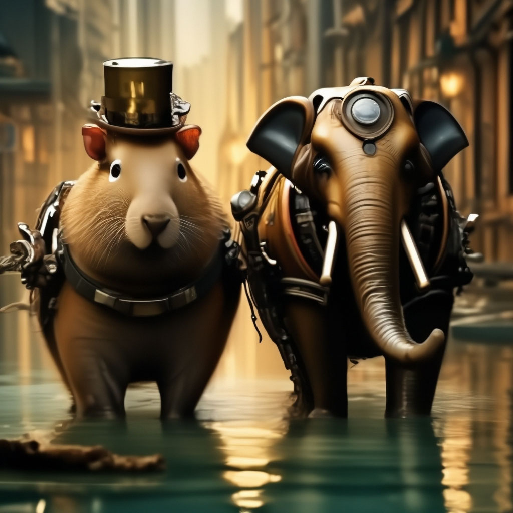 "A capybara and an elephant in a puddle" — image created in Shedevrum