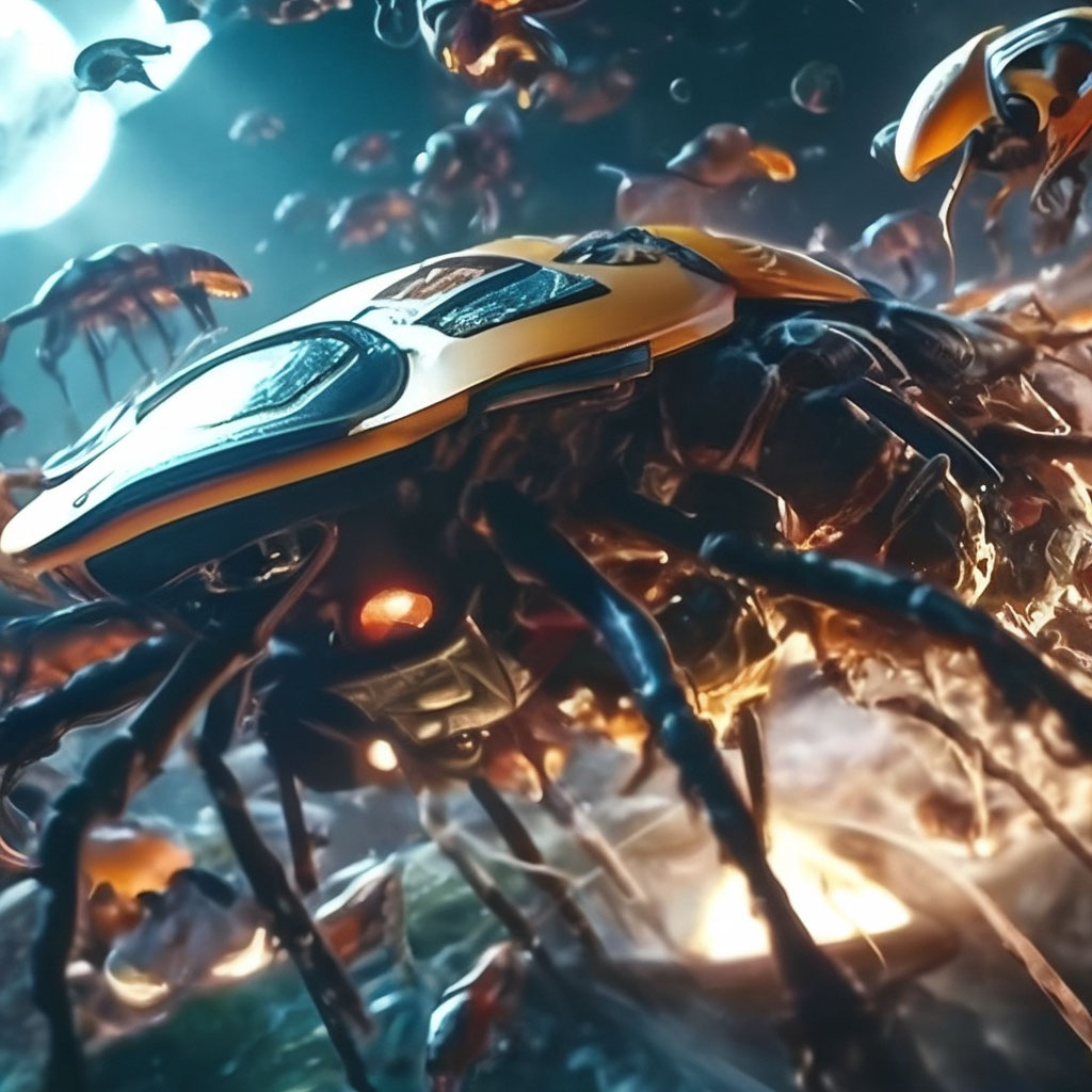 "A giant swarm of insects from outer space attacks a spaceship , high ...