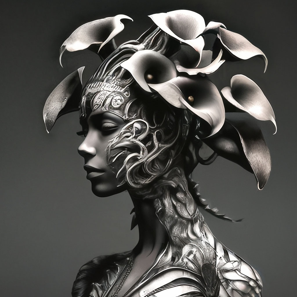 "Convertible of black calla flowers ,photorealism ,body art,fantasy ...
