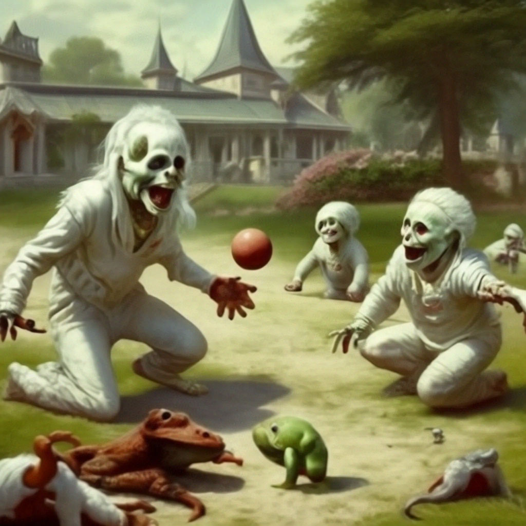 "A few cute zombies, playing ball, white frogs jumping nearby,various ...