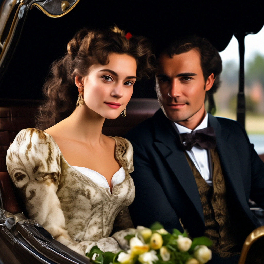 "A young couple walking in a horse-drawn carriage in the style of"Gone ...