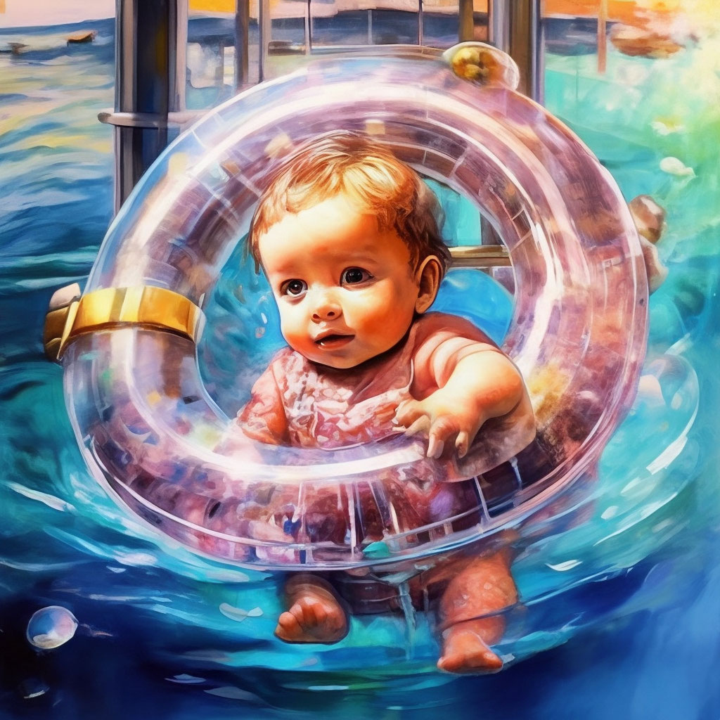 "Baby in the lifebuoy, watercolor, soft light, glitter, beautiful, 5d ...