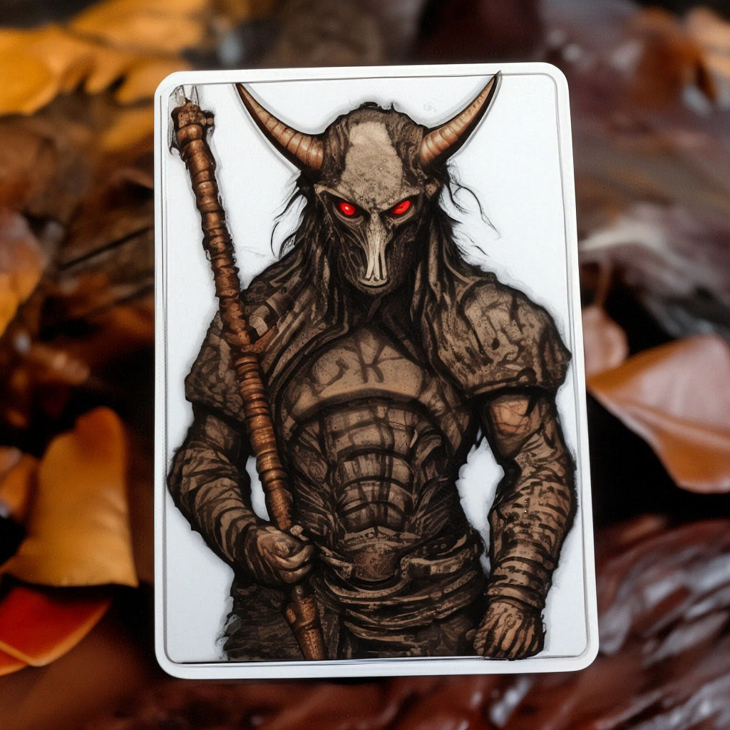 "Epic collectible card, sticker, tarot card, draug with an axe, concept ...