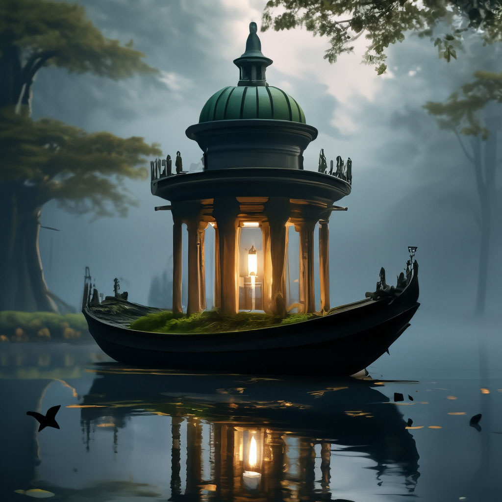 "Moss-covered rotunda on a boat, an ancient lantern glows inside the ...