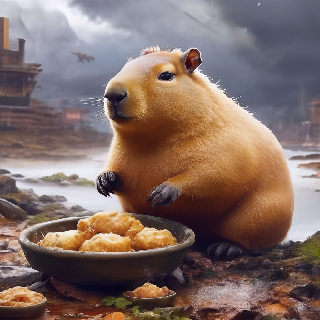 "A fat capybara eats delicious dumplings" — image created in Shedevrum