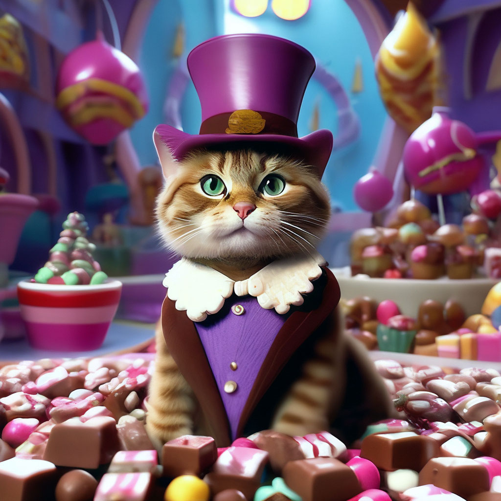 "Wonka the cat at the chocolate factory" — image created in Shedevrum