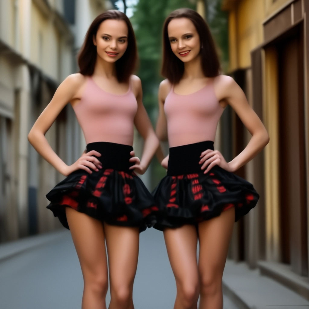 "Twins,Julietta & Magdalena (Albina and Anzhela Osynovskie), pin-up, short skirt, stockings ...