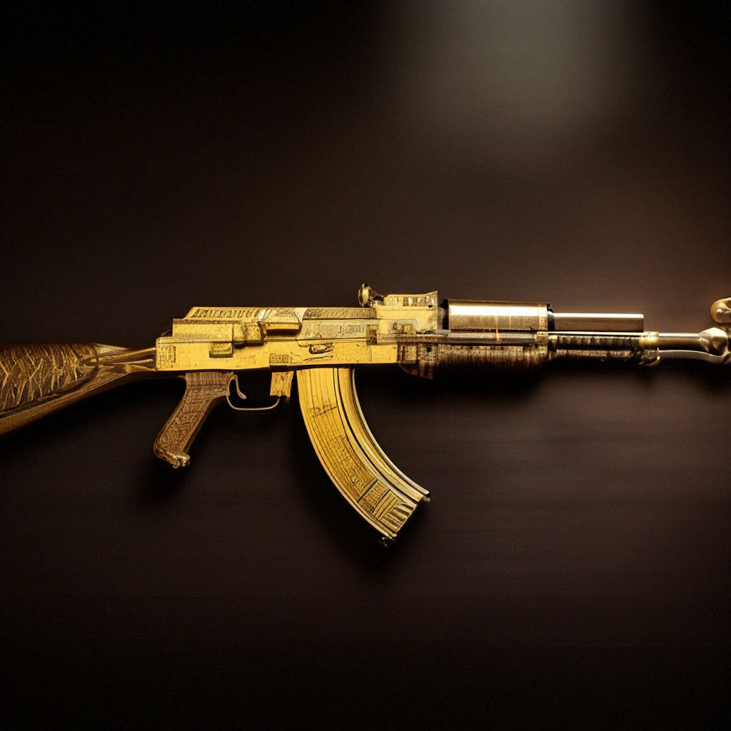 "Gold-plated AKM hanging on the wall" — image created in Shedevrum