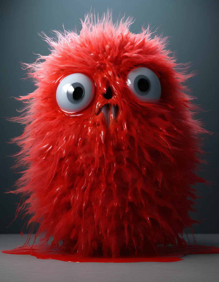 "A chikanut fluffy booger with bulging eyes Horror noir a drop of red ...