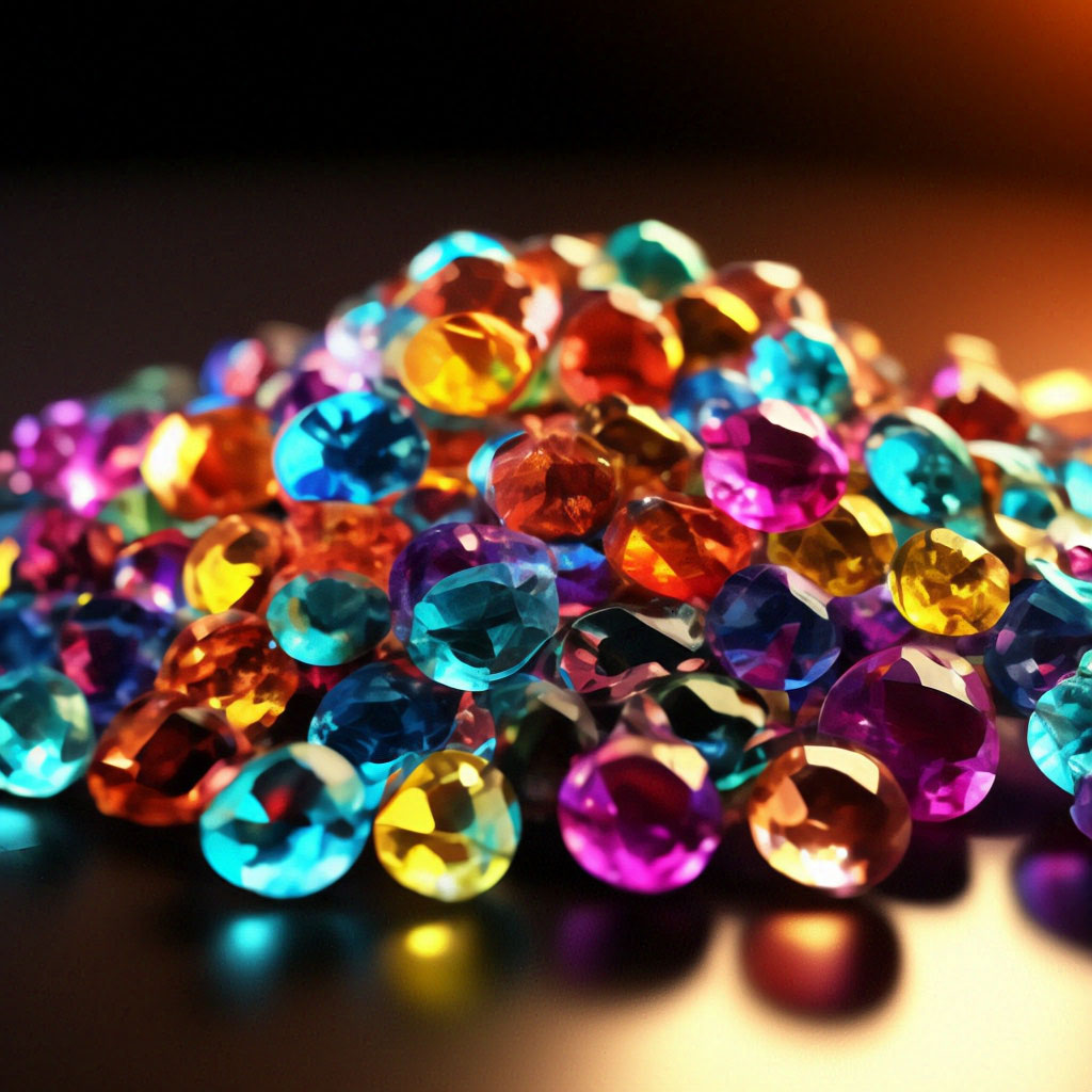 "There is a pile of colorful sparkling gems on the table, photos ...