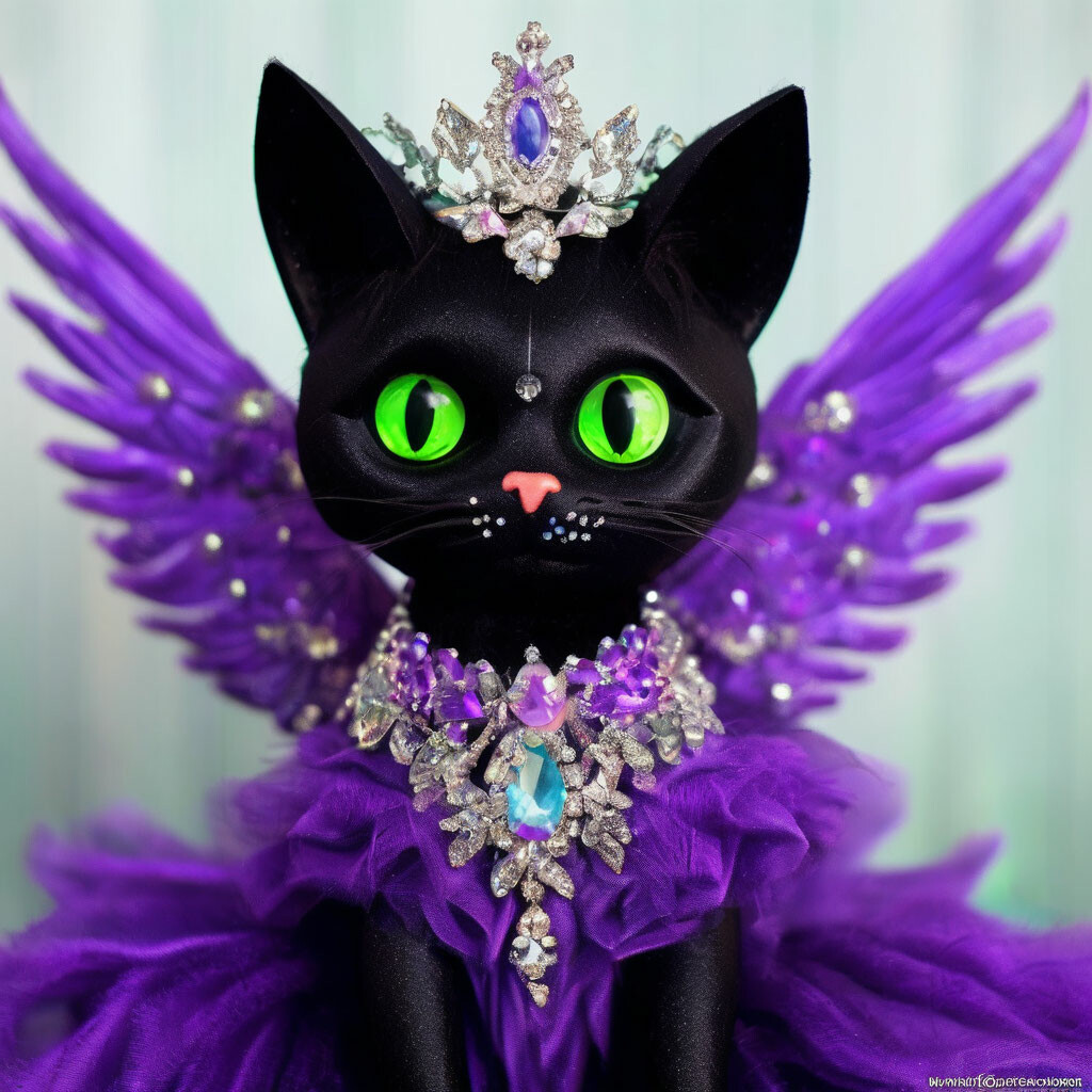 "Dasha the cat with black fur. Her eyes are green with long eyelashes ...