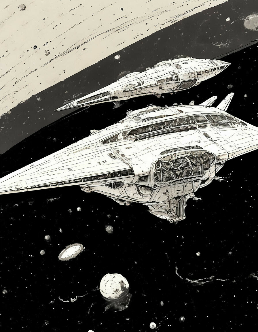 "Spaceship floating in space, Gerald …" — image created in Shedevrum