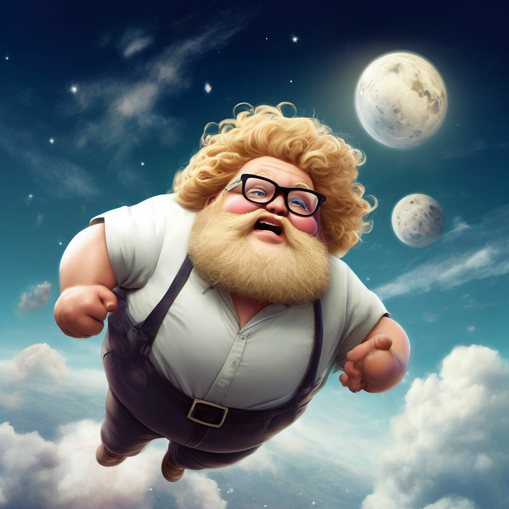 "🧑‍🚀🌠🌌 a big blond man, fat, curly hair and beard, glasses flew to the ...