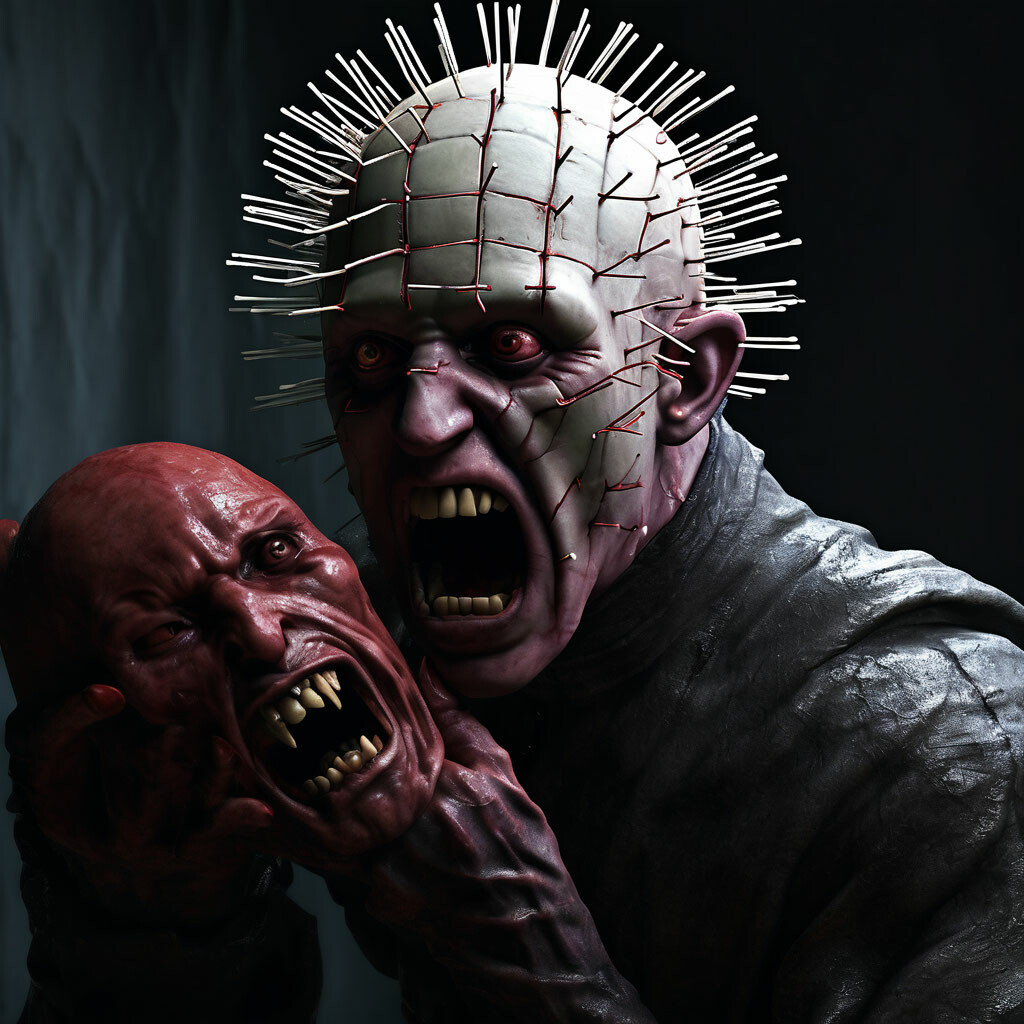"Pinhead screams in horror holding a demon's head in his hand ...