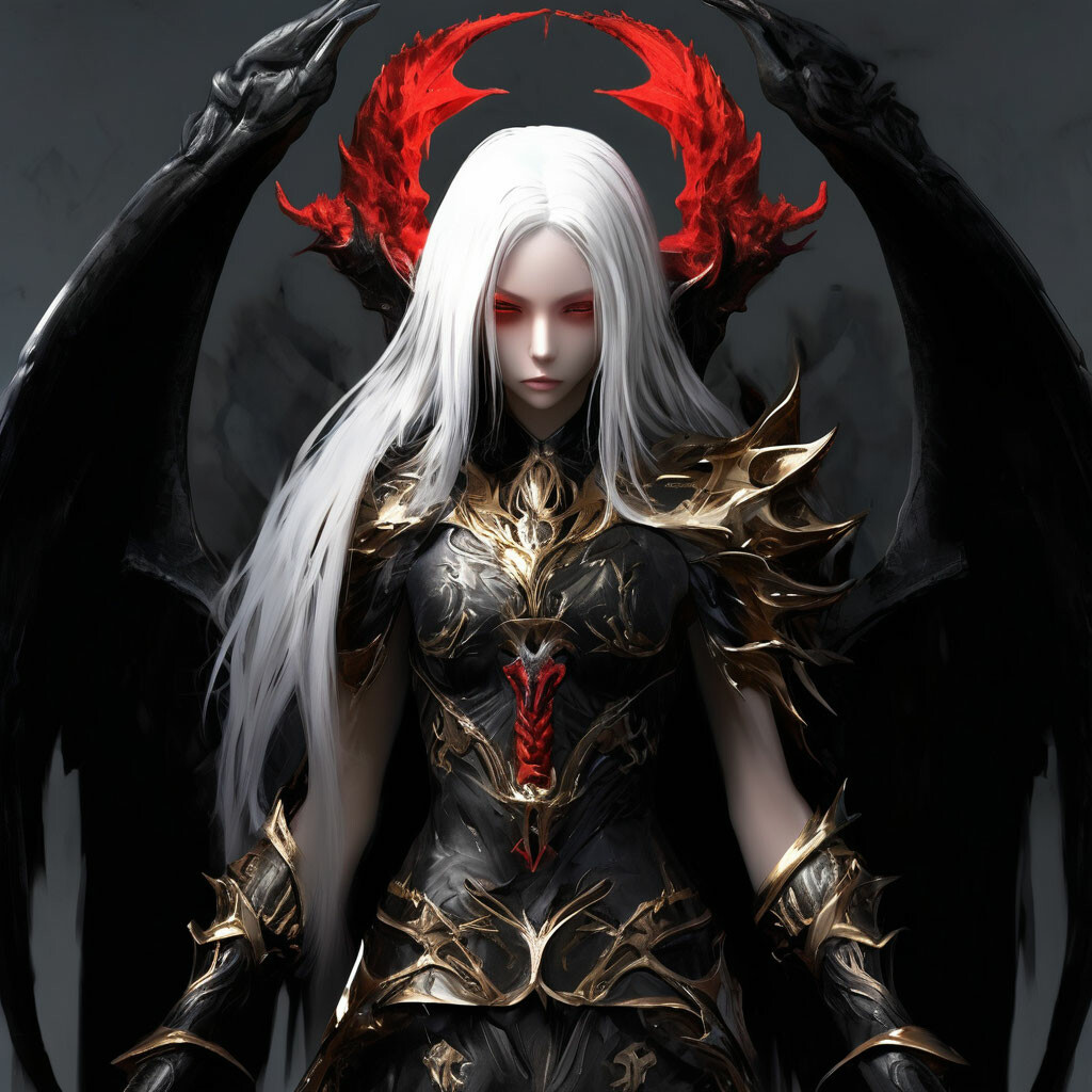 "Humanoid monster. long white hair, red eyes, long dragon tail, 3 pairs ...