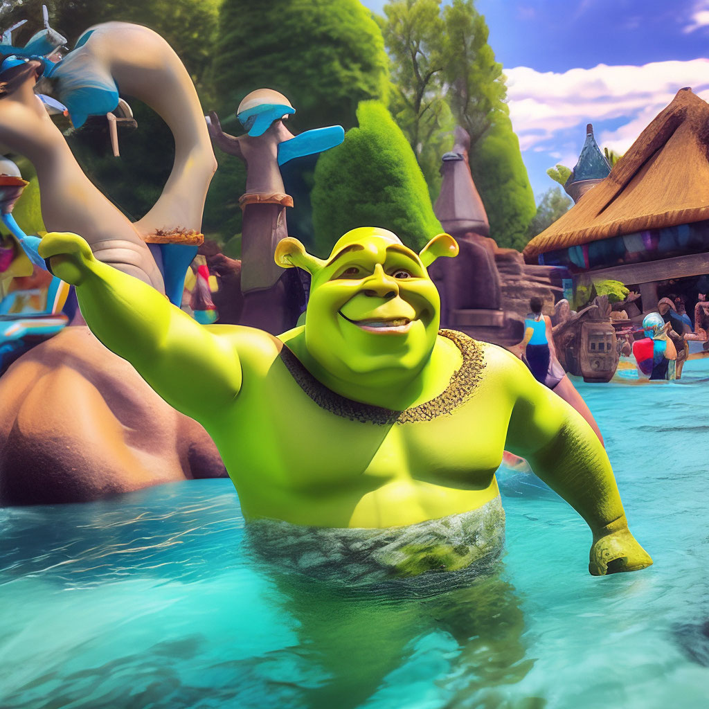 "Shrek swims in the water park" — image created in Shedevrum