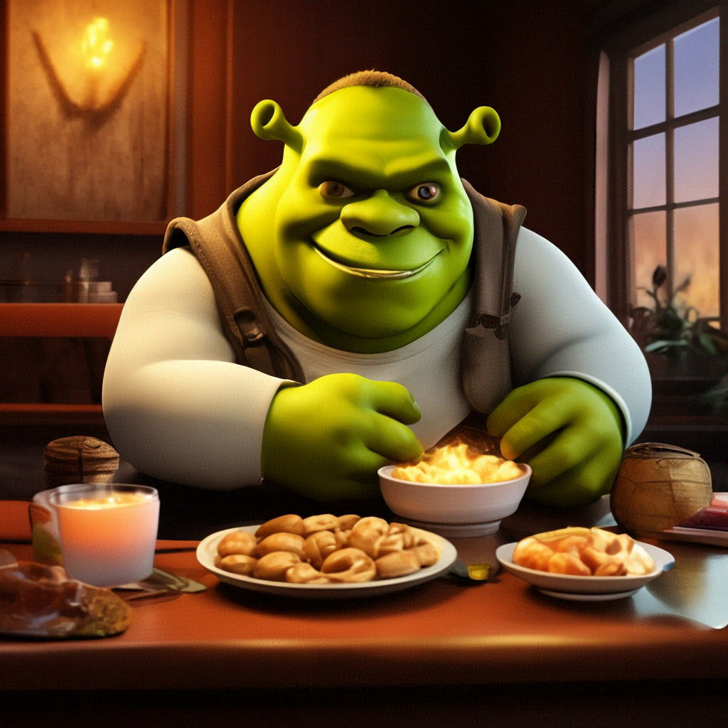 "Shrek is sitting at the table and eating dumplings" — image created in ...