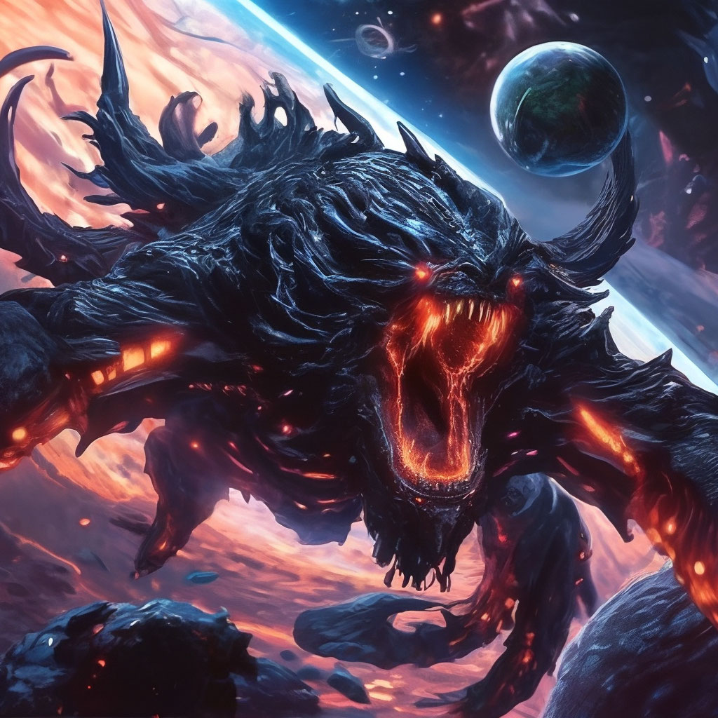 "Space beast, planet eater, their black hole appears, flies in outer ...