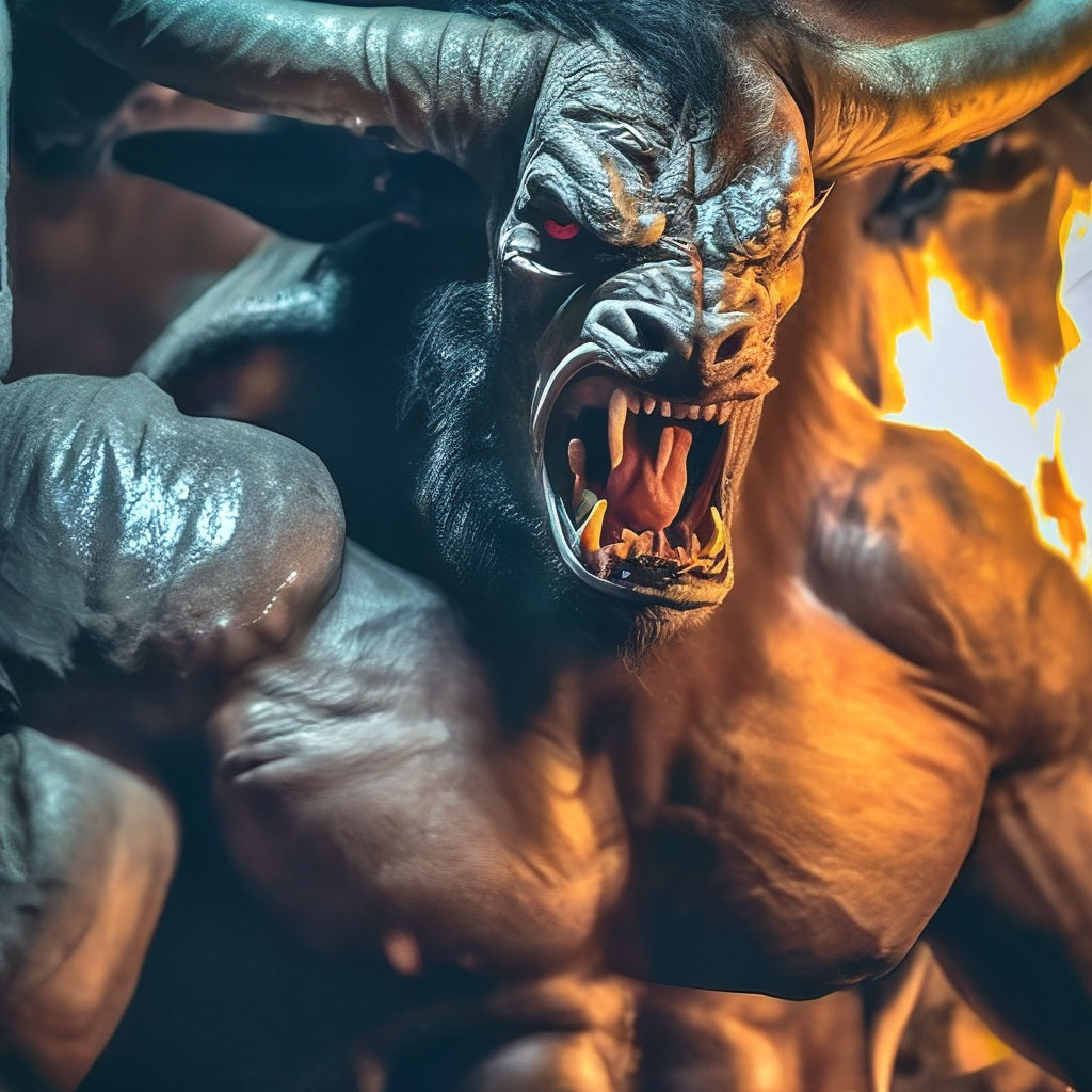 "Minotaur : {hybrid of a bodybuilder and a bull, hairy body, bull's ...
