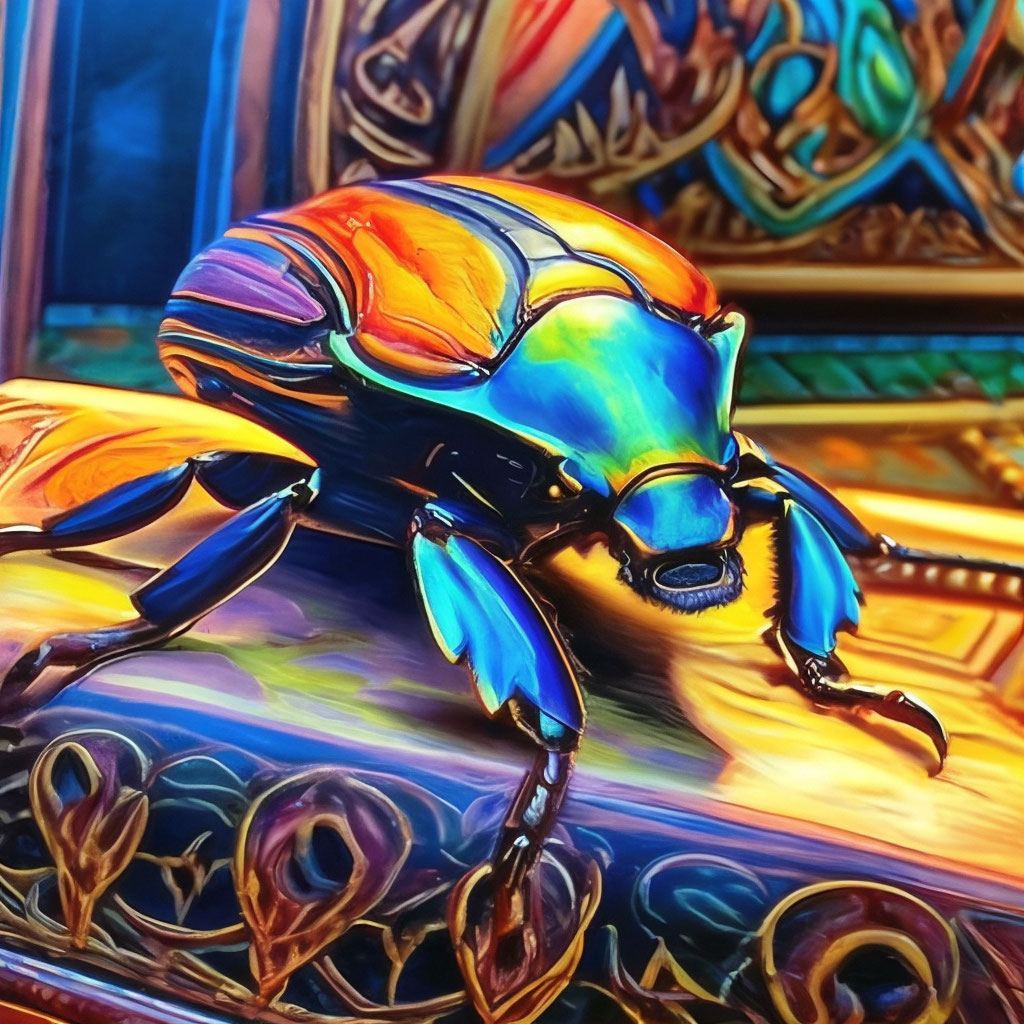 "A beautiful scarab beetle sits on a sarcophagus impressionism ...