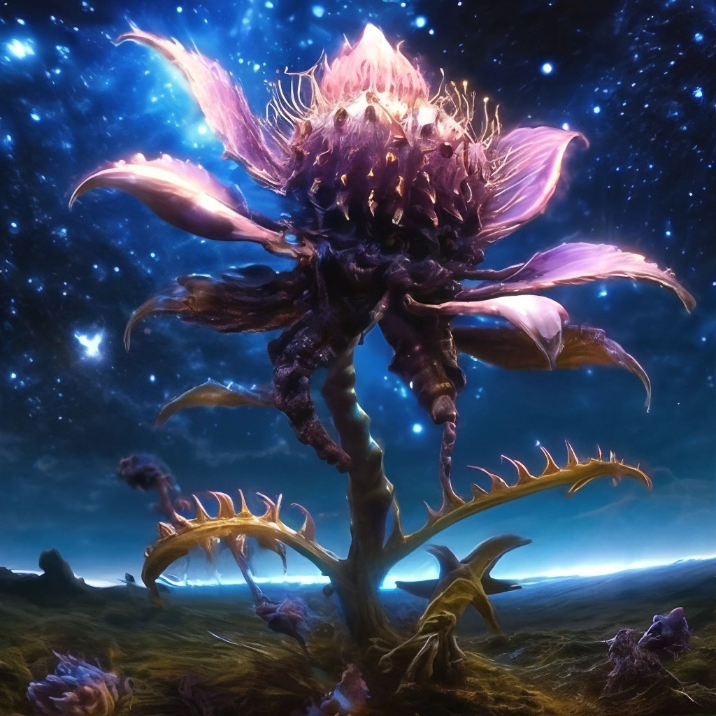 "Predatory flower under the starry sky, dark fantasy, hyperchotchiness ...