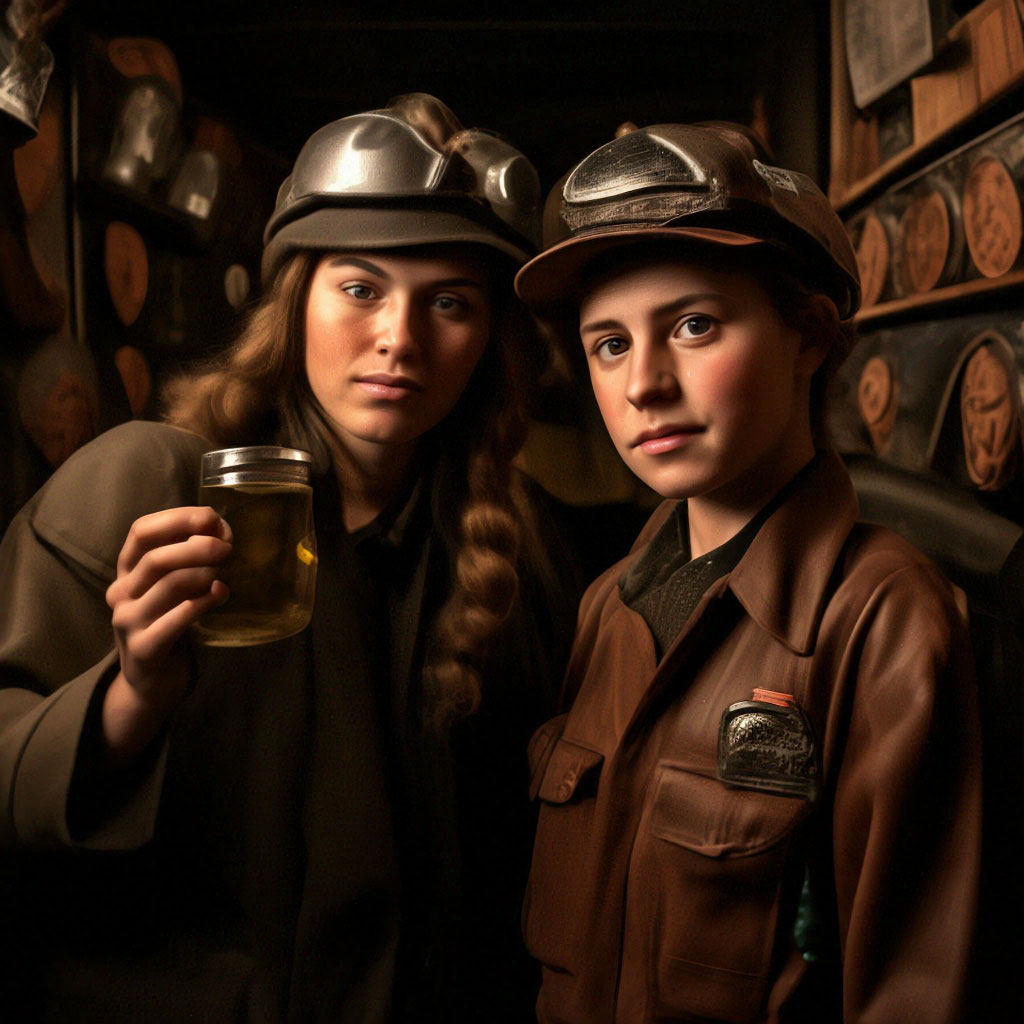 "A miner girl and a steelworker girl drink moonshine in the locker room ...