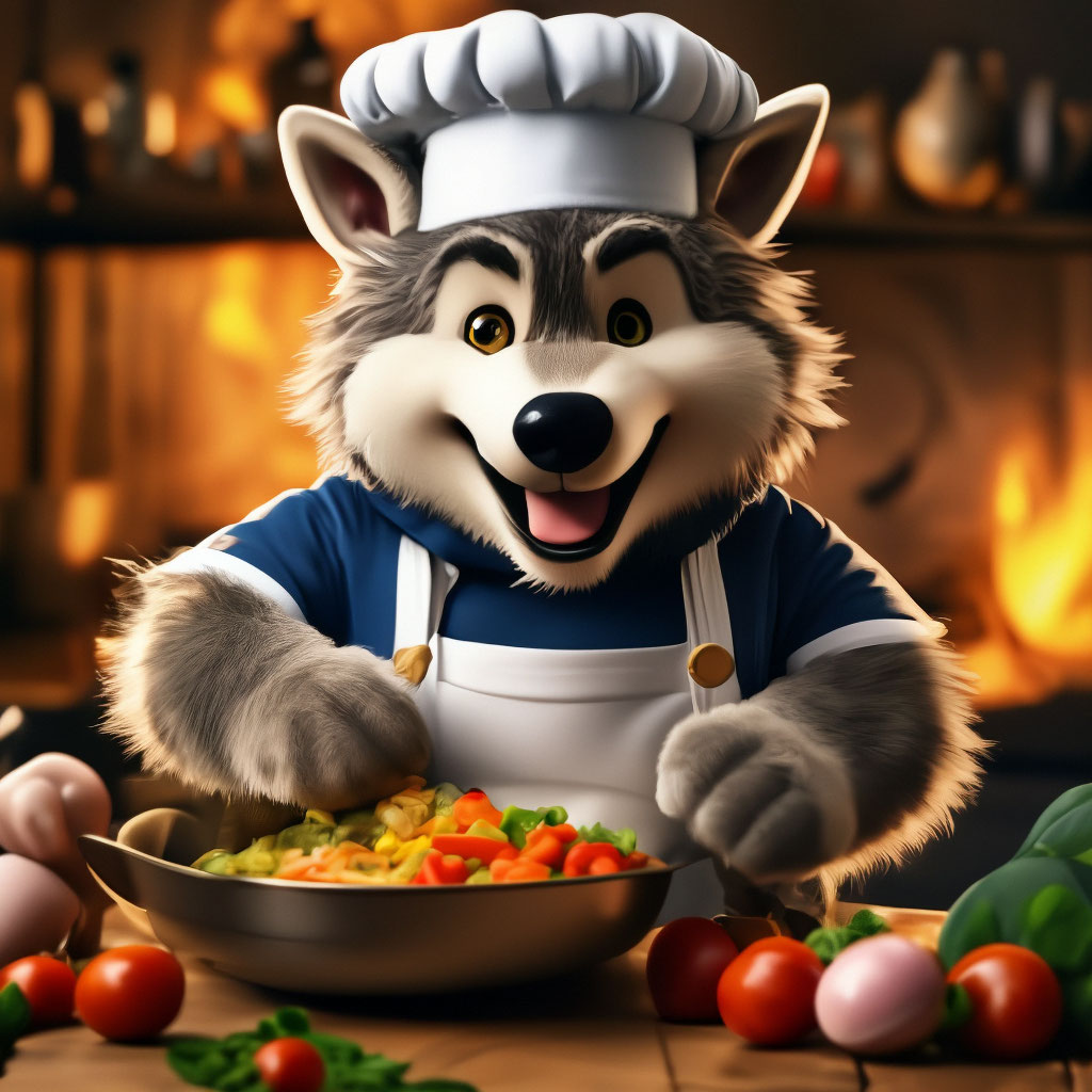 "@sonykpk♌ A detailed smiling chubby wolf cook in a uniform and a chef ...