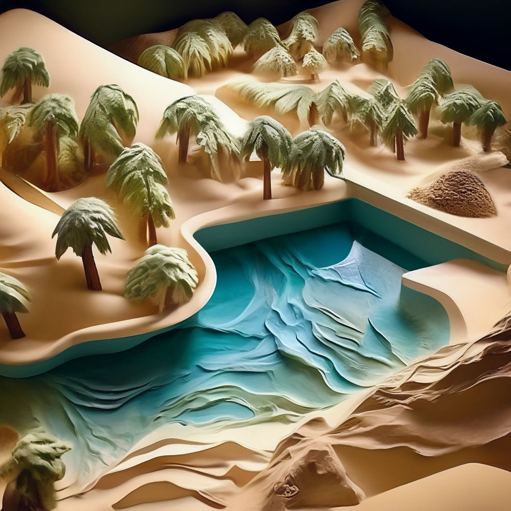"A lonely little oasis in a huge desert, relief composition of wet ...