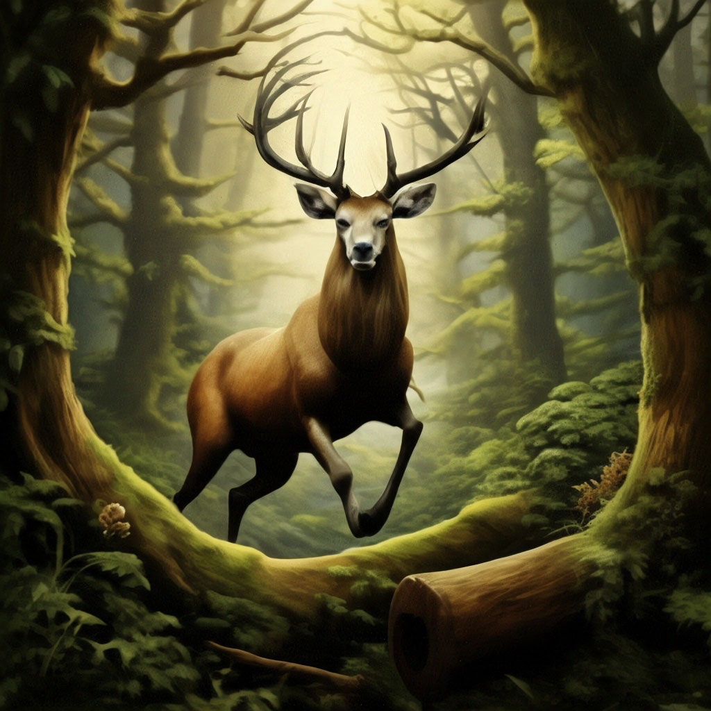 "Magical forest. unnatural wonders a deer jumps out of a bush with ...