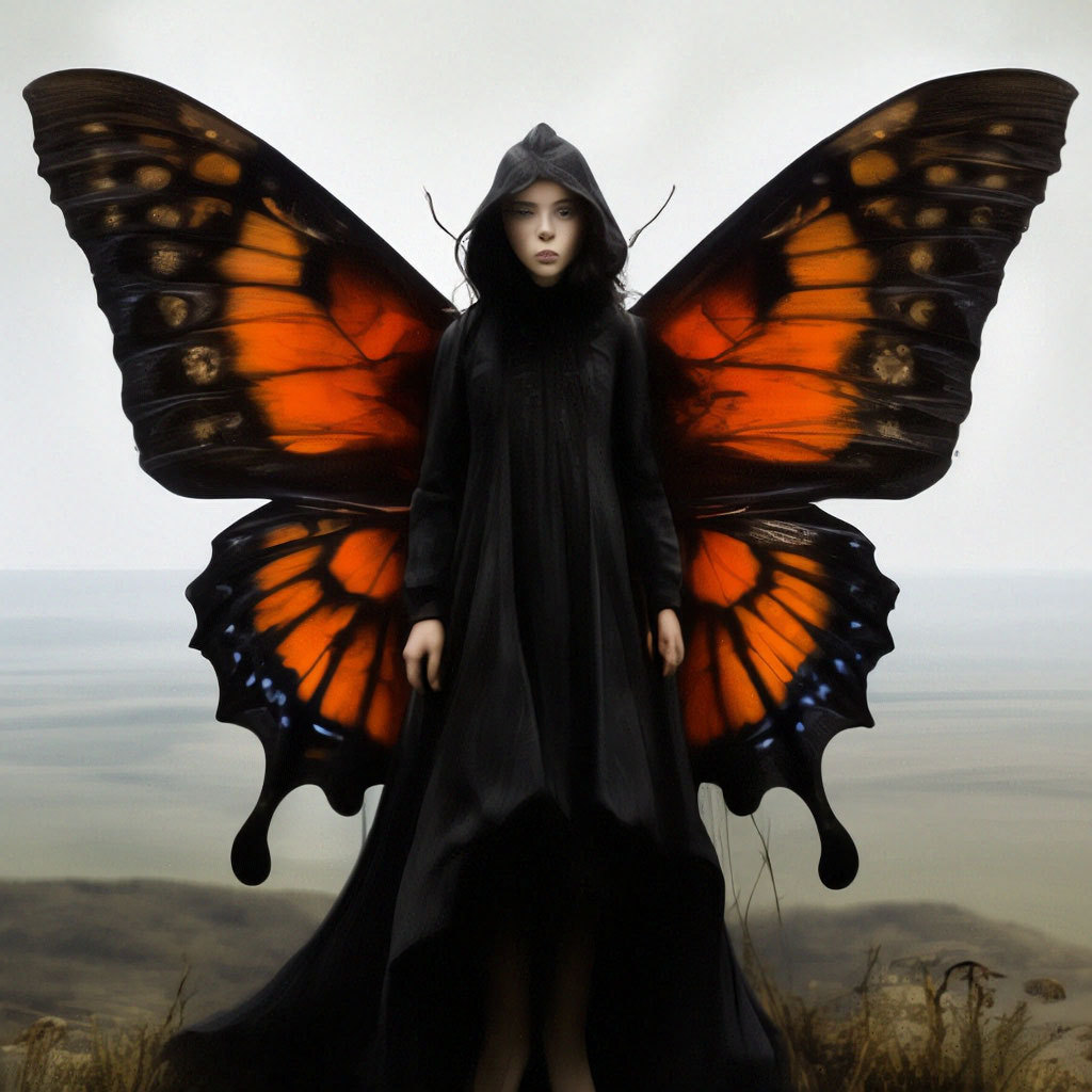"Anthropomorphic hybrid butterfly +girl, symbiosis, standing on a hill ...