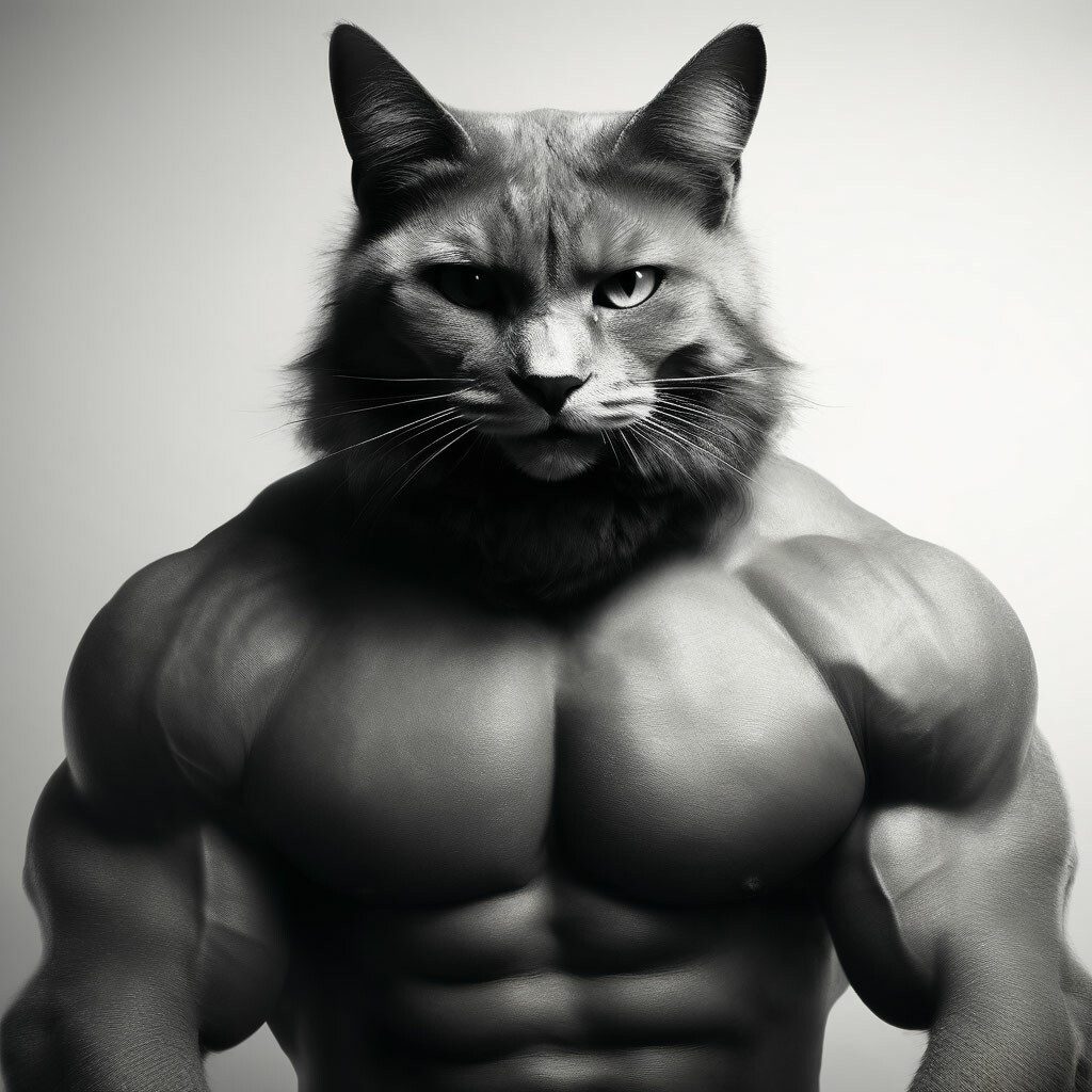 "A muscular gigachad cat." — image created in Shedevrum