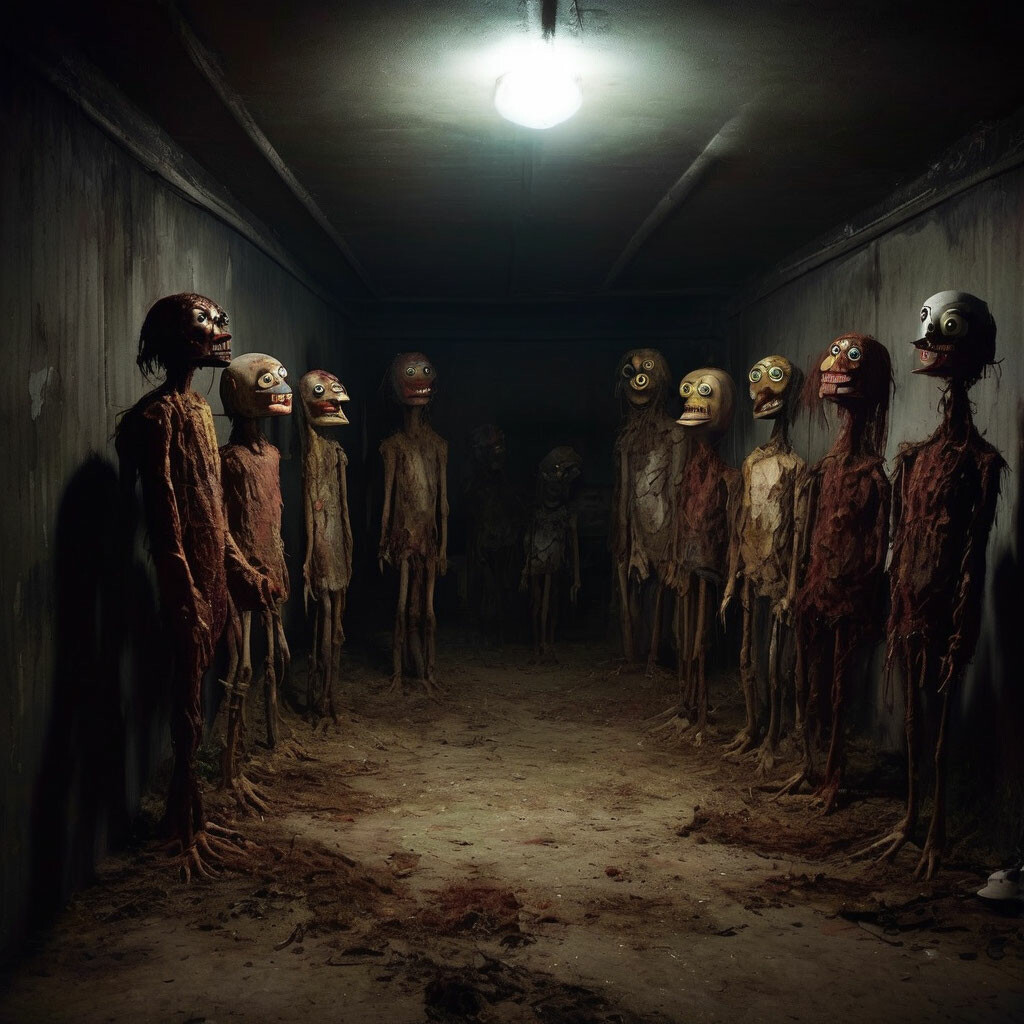 "A basement full of burnt puppets" — image created in Shedevrum