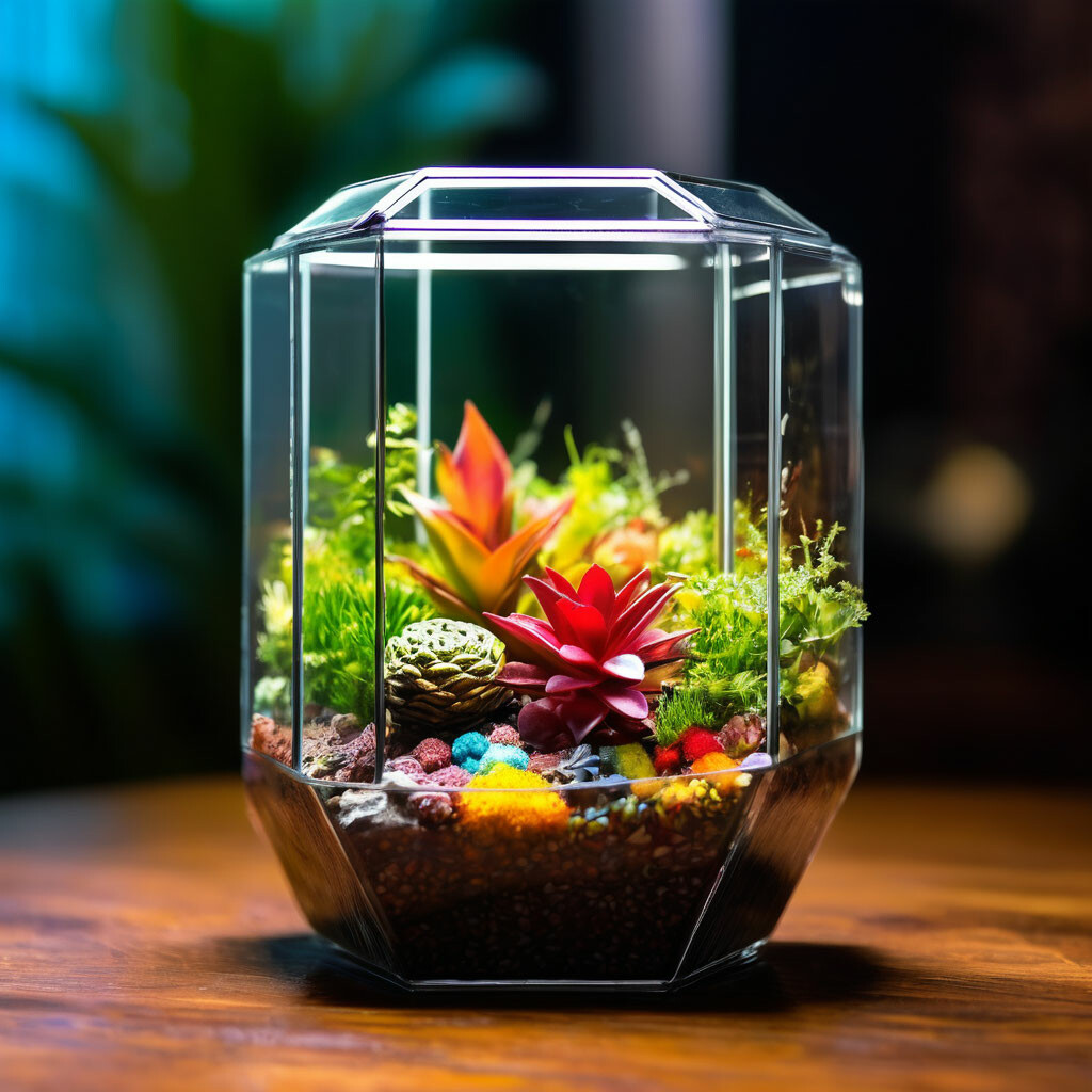 "Bright beautiful multicolored terrarium in a transparent octagon ...