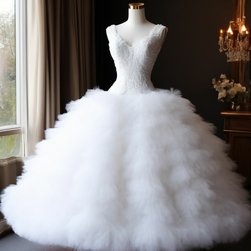 "A beautiful white fluffy dress. On a mannequin." — image created in ...