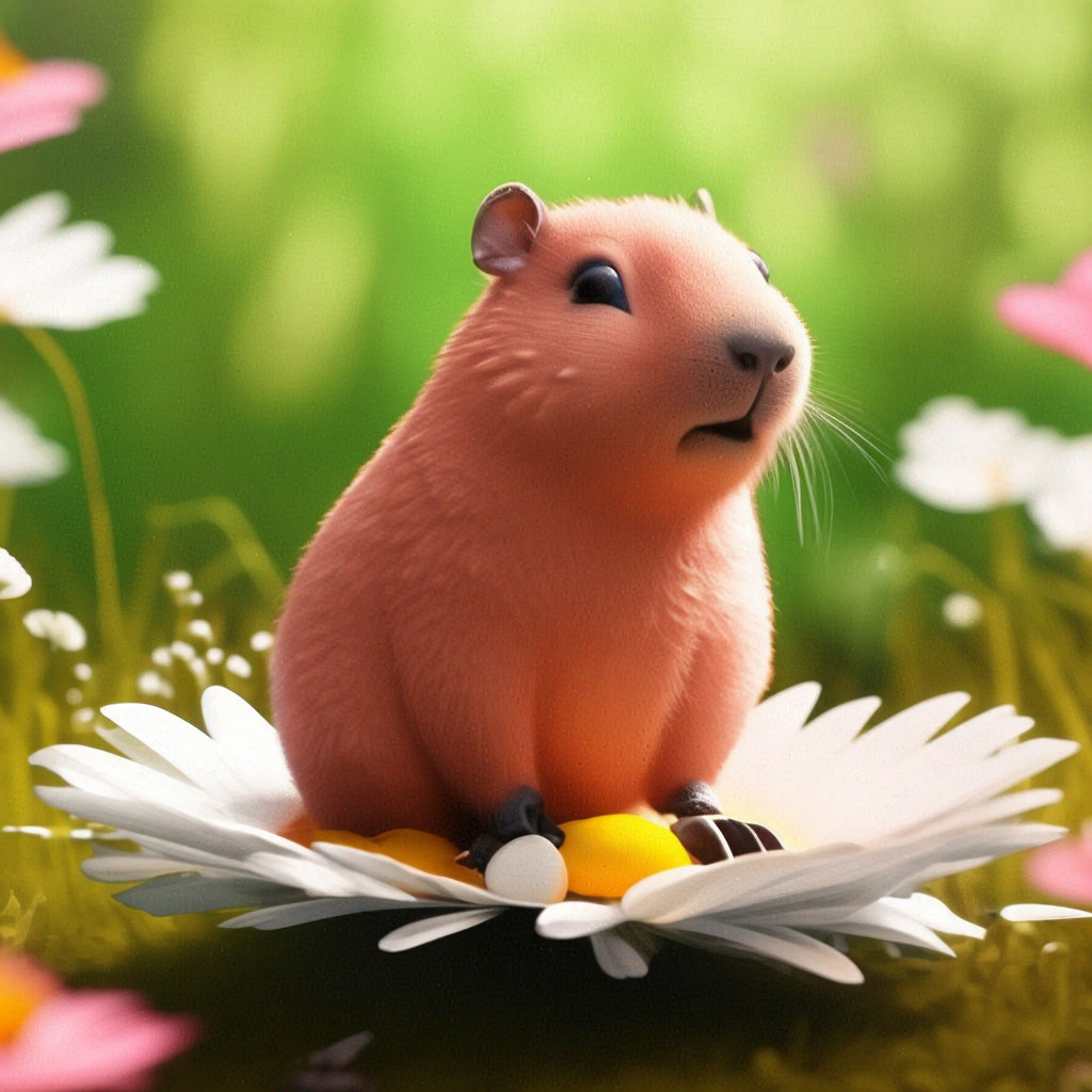 "A pink capybara sits on a large white daisy, in the style of a 3D ...