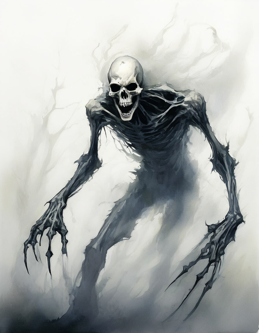 "In a dense fog, a huge undead creature pounces. Its head looks like a ...
