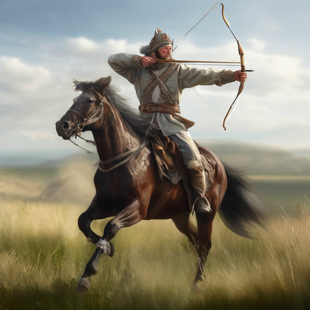 "Northern Amur shoots a bow in dynamics, on horseback in 1812, steppe ...