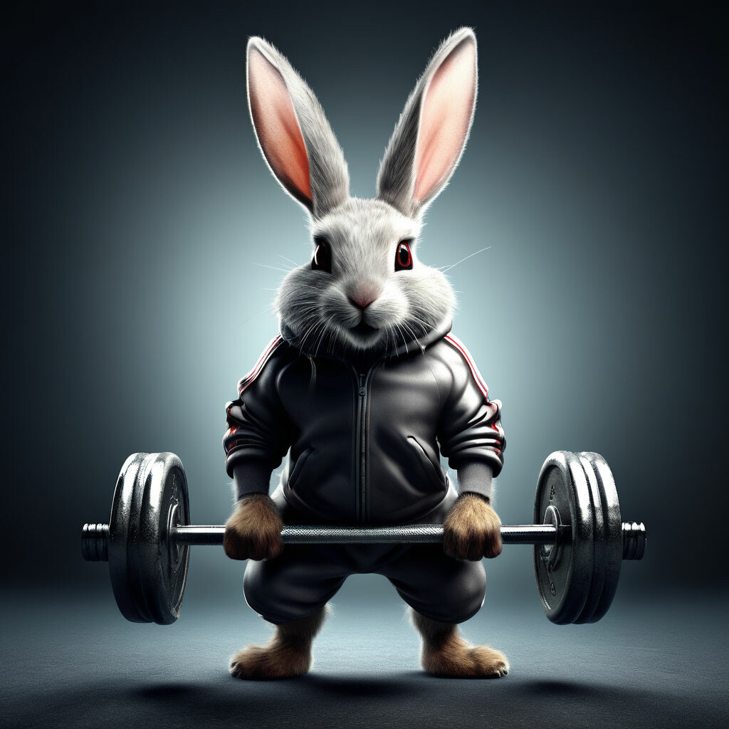 "Rabid rabbit in a tracksuit pulls dumbbells, professional photo, 4k ...