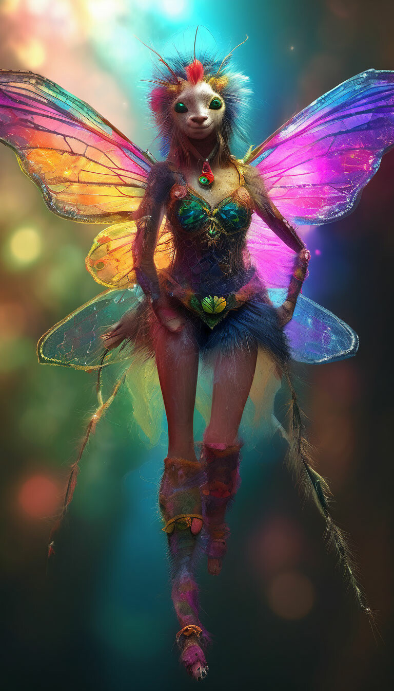 "Anthropomorphic furry butterfly rainbow wings spider web, veil 3D ...