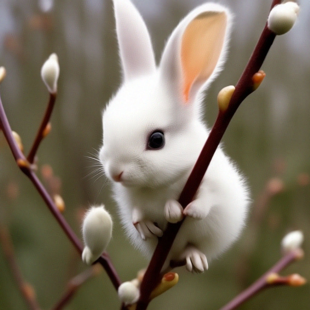 "Palm rabbits on a willow branch there are tiny round fluffy cute gray ...