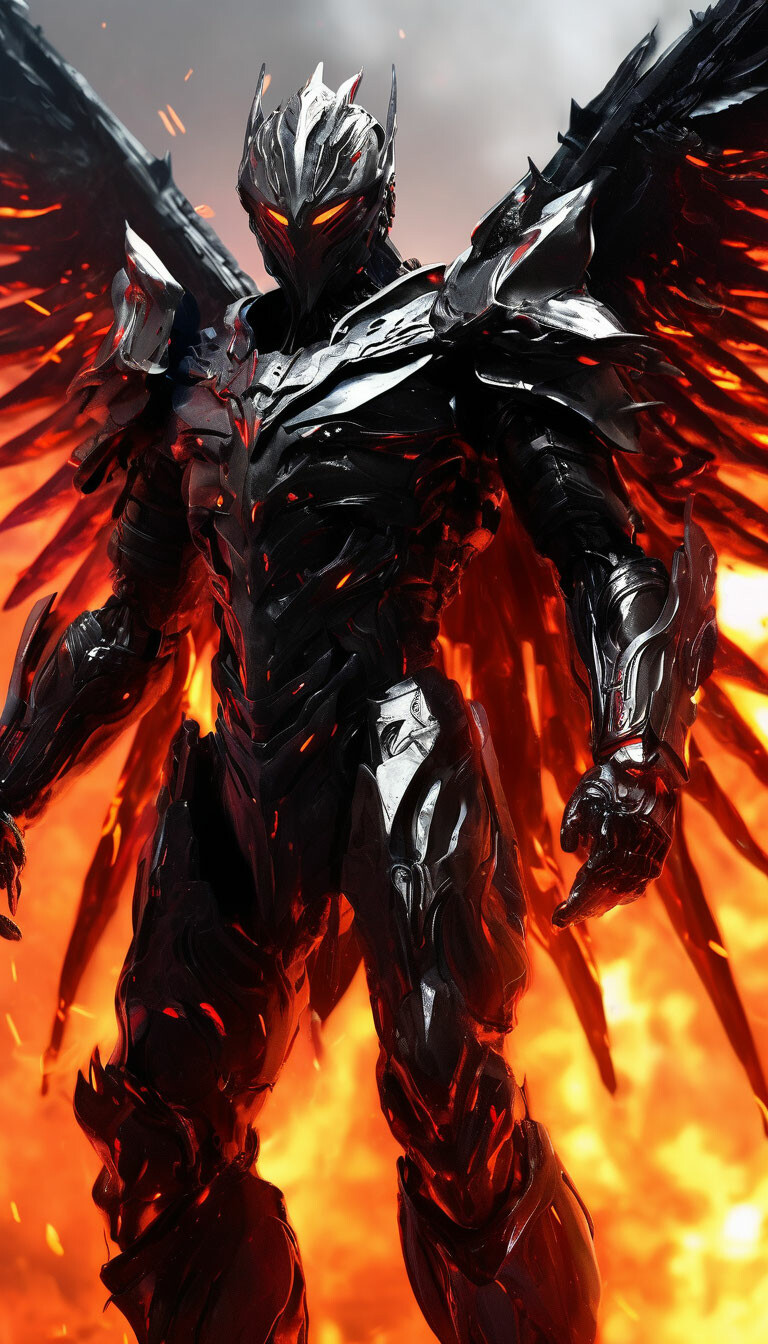 "Full-length, Knight of the abyss, in a black red winged exo suit ...
