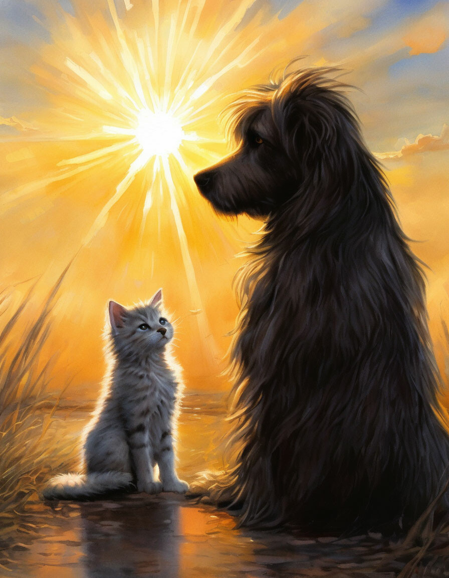 "A small disheveled kitten and a big shaggy dog look at the rising sun ...